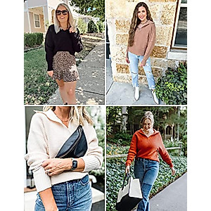 ZESICA Women's 2023 Fall Lapel Collar V Neck Long Sleeve Ribbed Knit Comfy Loose Casual Pullover Sweater Jumper Top,Beige,Medium