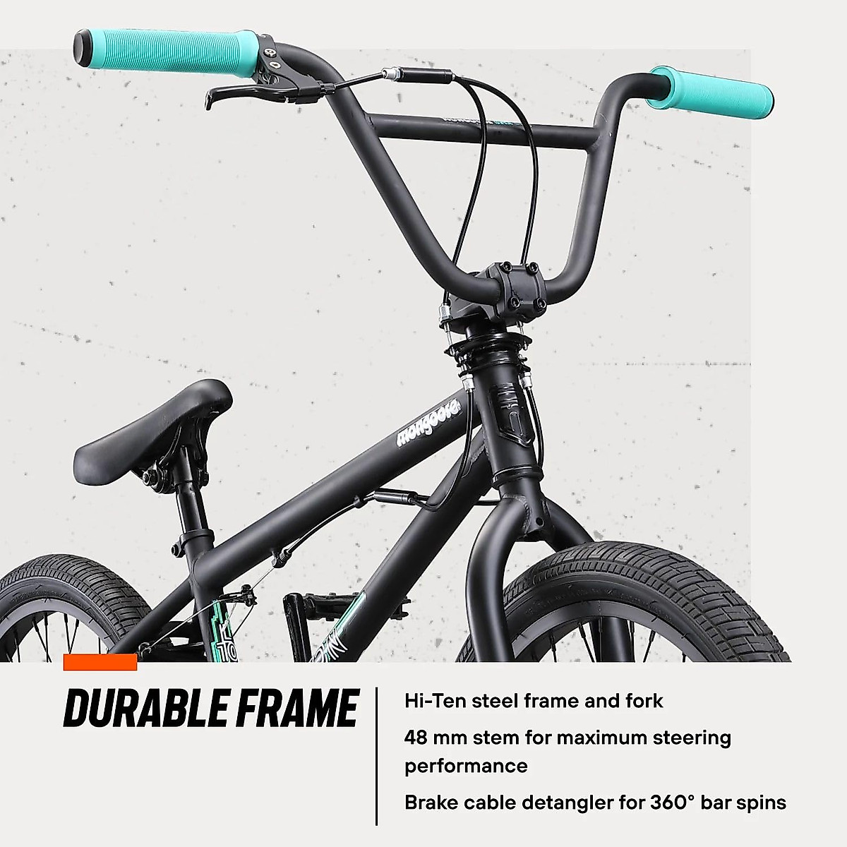 Mongoose Legion L10 Kids Freestyle Sidewalk BMX Bike, Beginner Riders, Boys and Girls, 20 Inch Wheels, Hi-Ten Steel Frame, Micro Drive 25x9T BMX Gearing, Black/Teal