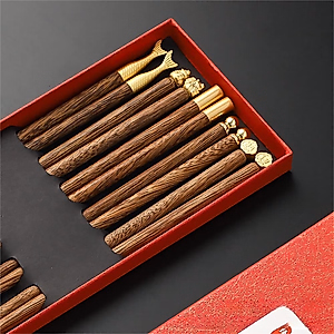 5 Pairs Hardwood Chopsticks Chinese Style Reusable Hand-Carved Chopsticks Natural Wood Chop Sticks with Gift Box
