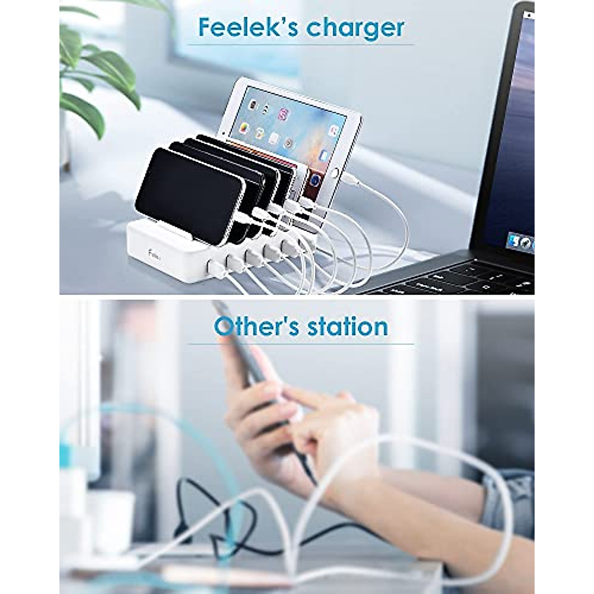 Charging Station for Multiple Devices, 6 Ports Compatible Cables W/3 iPhone, Micro USB,Type C,Compatible with Apple Charging Station,Phone,iPad,Cell Phone,Tablets,iPad,Kindle,White