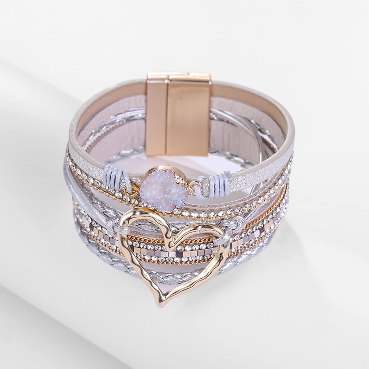 Multilayer Leather Wrap Bracelet for Women Black Leather Cuff Bracelet Western Boho Bracelet with Clasp Rhinestone Leather Bracelets Jewelry for Women Trendy Stocking Stuffers