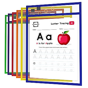 Scribbledo Dry Erase Pockets, 6 Pack Reusable Dry Erase Sleeves with Marker Holder, Colorful Dry Erase Pocket Sleeves for School or Work, Assorted Colors Sheet Protectors and Ticket Holders