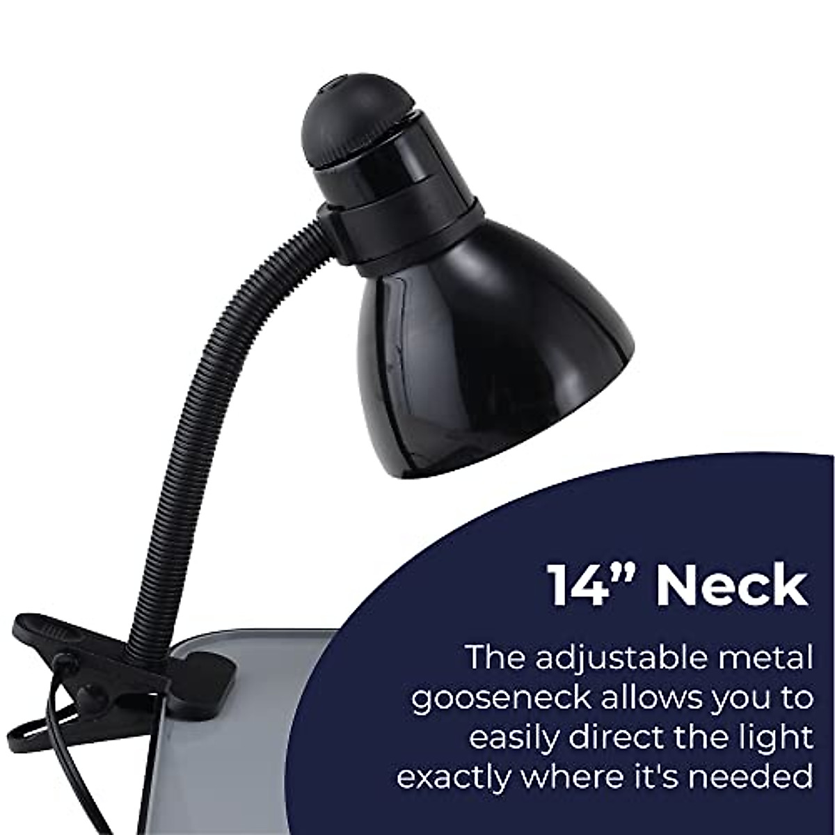 V- Light Black Adjustable Desk Lamp with Heavy Duty Clamp Clip, Flexible Gooseneck Lamp, Bed Light, Reading Lamp, or Study Light 14 inches