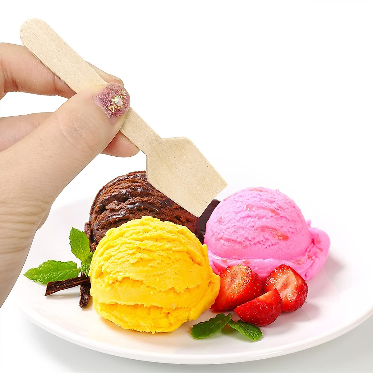 Honbay 100pcs 9.5cm/3.74inch Mini Wooden Spoons Shovel Spoon Testing Spoon Sampling Spoon Dessert Spoon Ice Cream Spoon Yogurt Spoon, Disposable and Degradable