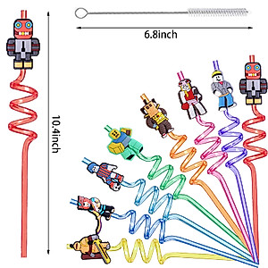 24 Pcs Robot Party Supplies Favors Drinking Straw, Kids Party Favor, Plastic Reusable Loop Drinking Straw with Cute the Characters, 2-Pcs Cleaning Brush