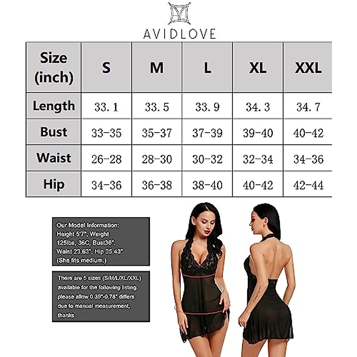 Avidlove Women Halter Lace Babydoll Mesh Sexy Lingerie Set Nightwear, Medium, Black Fba