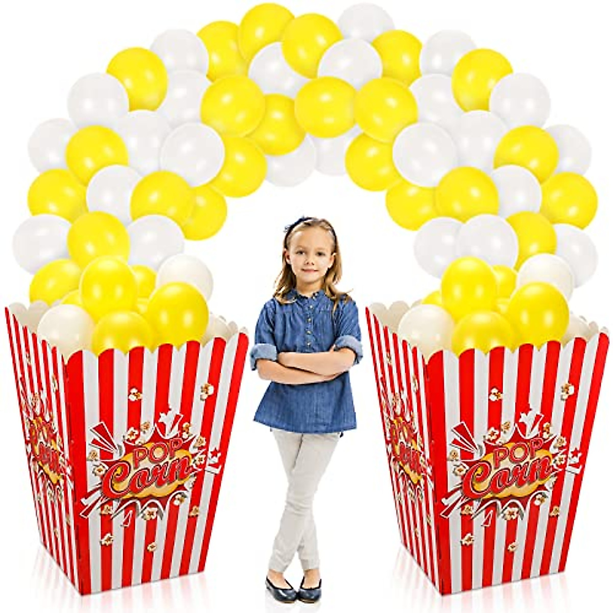 2 Pieces Giant Popcorn Box Cardboard Stand up with 100 Balloons Movie Popcorn 3D Popcorn Box Cardboard Stand up and Yellow White Popcorn Theme Balloons Carnival Decorations for Movie Themed Party