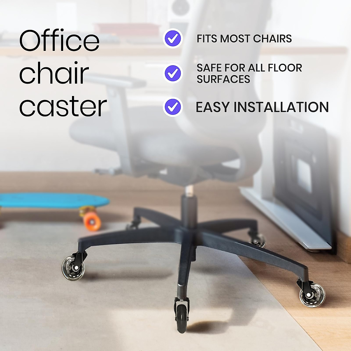 Fohfurniture - Universal Desk and Office Chair Wheels Replacement, Smooth Rolling Caster Wheels for Most Chair Types, Keeps Floors Scratch-Free, Noiseless Chair Rollers, Set of 5