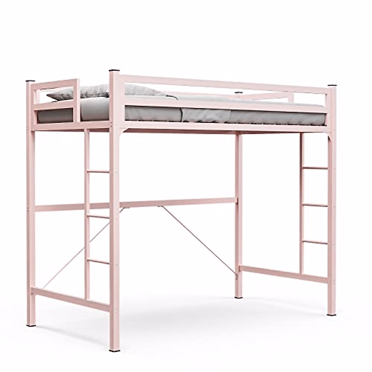 IKIFLY Metal Twin Size Loft Bed Frame - Heavy Duty Princess Cute Loft Beds with 2 Ladders & Safety Guard Rail, Space-Saving, Noise Free, No Box Spring Needed - Pink