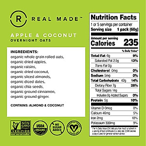 Real Made Organic Overnight Oats Apple Coconut, 5 Meals 2.12oz Packets, No Sugar Added, Certified Organic Non - GMO, Vegan, Gluten Free Ingredients, Great Source of Protein and Fiber