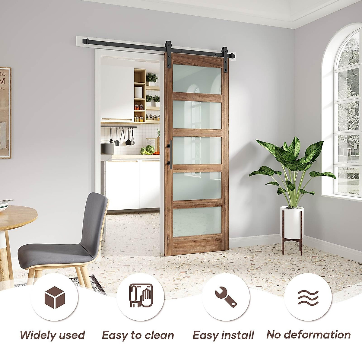 FREDBECK 30 x 84 inch Glass Barn Door with 5.5FT Barn Door Hardware Kit Included,5-Panel Frosted Glass,Water-Proof Surface,Pre-Drilled Holes,Need Assembly,Fit 27in-28in Opening