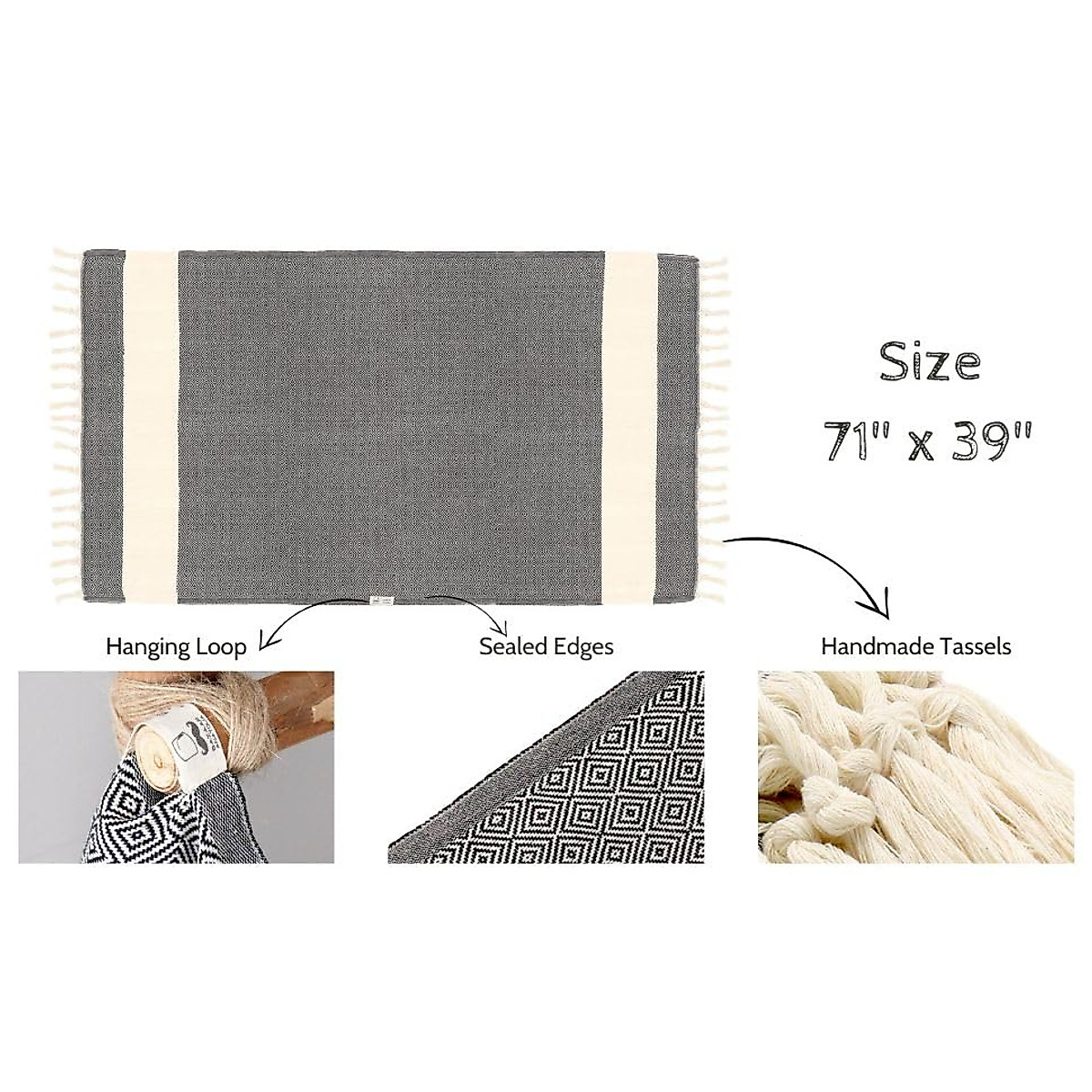 Bazaar Anatolia Turkish Beach Towel 100% Cotton Bath Towels Oversized Quick Dry Boho Farmhouse Decor Sheets Bathroom Towels Sand Free Camping Blanket 71x39 inches - Diamond Black