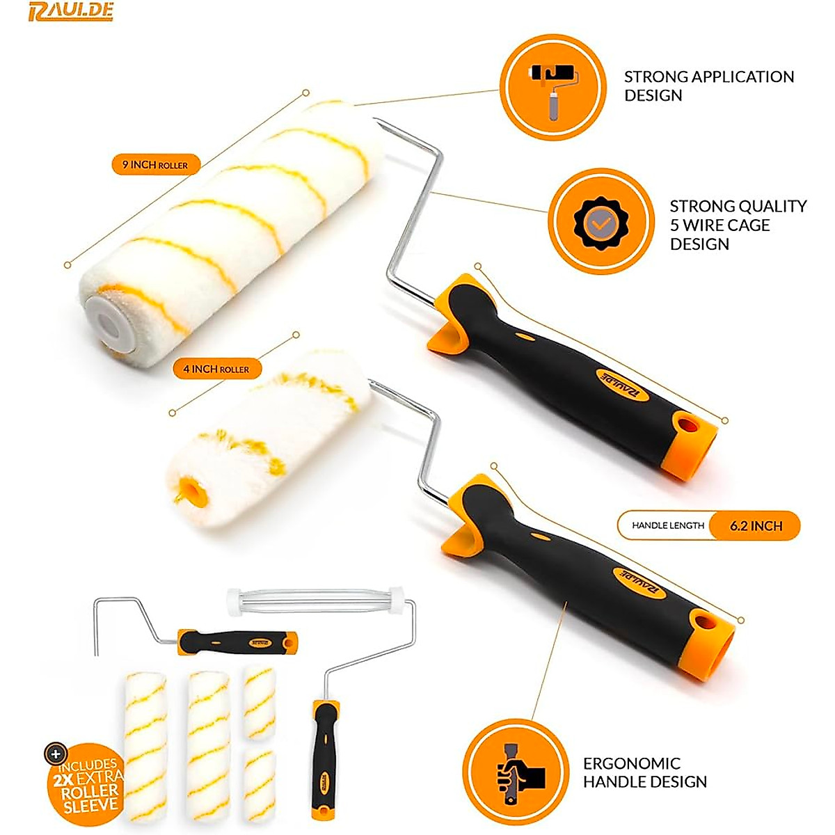 Raulde Paint Roller Kit of 10 Pcs - Includes a Paint Tray, Brush, Large and Mini Rollers & Sleeves, Paint Repellent Masking Tape, Paint Mixer - Roller Set for Painting Walls