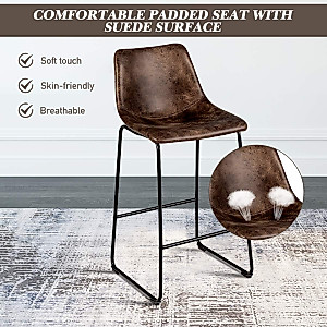 COSTWAY Set of 2 Bar Stools, Vintage Faux Suede Bar Stools, with Metal Legs, Back and Footrest, Upholstered Stools for Home Kitchen, Pub (Brown, 4)