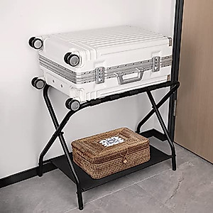 VETIN Luggage Rack, Luggage Racks for Guest Room, Folding Suitcase Stand with Storage Shelf for Bedroom, Black
