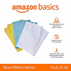 Amazon Basics Microfiber Cleaning Cloths, Non-Abrasive, Reusable and Washable - Pack of 24, 12 x16-Inch, Blue, White and Yellow