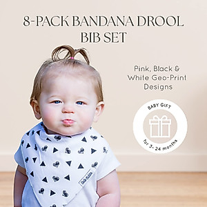 Dodo Babies Bandana Drool Bib Set - Eight 100% Cotton Bibs with Soft Polyester Lining, 2 Pacifier Clips, Binky Case, Pink Gift Bag for Baby Girl or Boy Shower - Adjustable Snap Fit for 3-24 Months