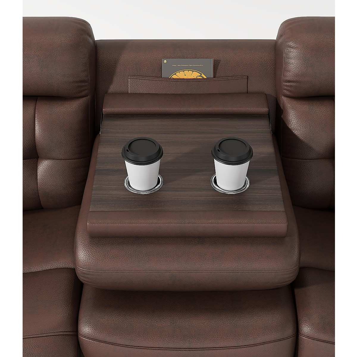 Familymill Genuine Leather Manual Reclining Sofa Couch with Drop Down Table, Stainless Steel Cupholders, and Magazine Bag for Living Room Home Theater Office