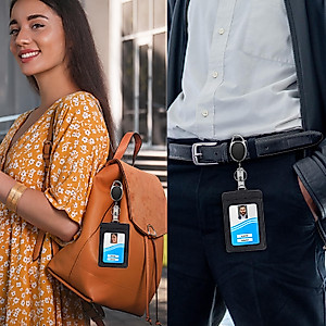 2 Pack Badge Holders and Heavy Duty Retractable Reel Clips Set, Vertical Leather ID Badge Holders with 1 Clear ID Window & 2 Credit Card Slots (Black-2pcs)')