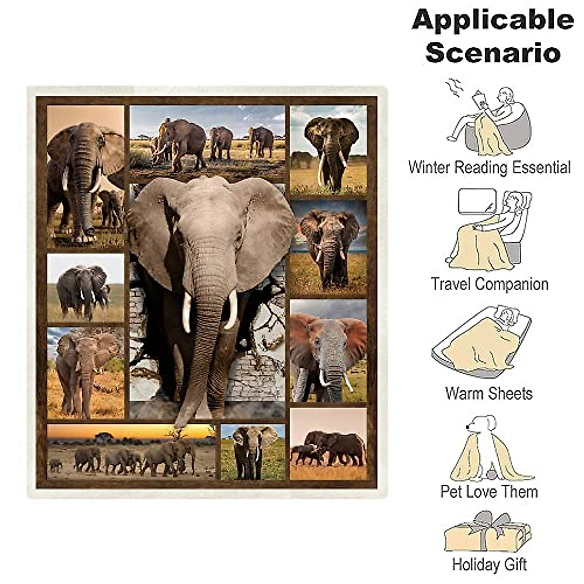 Juirnost Elephant Blanket Wild Elephant Gifts for Women Men Elephant Throw Blankets for Couch Bed Sofa Travelling Camping Elephant Decor Animal Lover Blanket Soft Plush Reversible Blanket 50" x60"