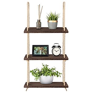 Mkono Hanging Shelves 3 Tier Rustic Wood Floating Wall Shelves Photo Plant Display Hanging Storage Shelf Home Decor for College Dorm Room Decor Bathroom Living Room Bedroom Apartment