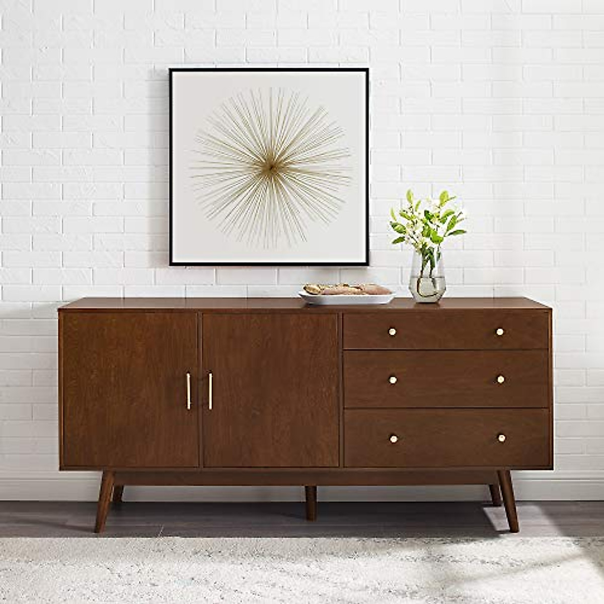 Walker Edison Mid-Century Modern Wood Kitchen Buffet Sideboard Entryway Serving Storage Cabinet Doors-Dining Room Console, 70 Inch, Walnut
