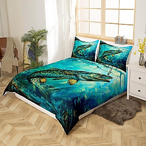 Feelyou Hunting and Fishing Pattern Duvet Cover Big Pike Fishing Bedding Set for Kids Underwater Animals Theme Comforter Cover Rustic Farmhouse Bedspread Cover Bedroom Collection 2Pcs Twin Size