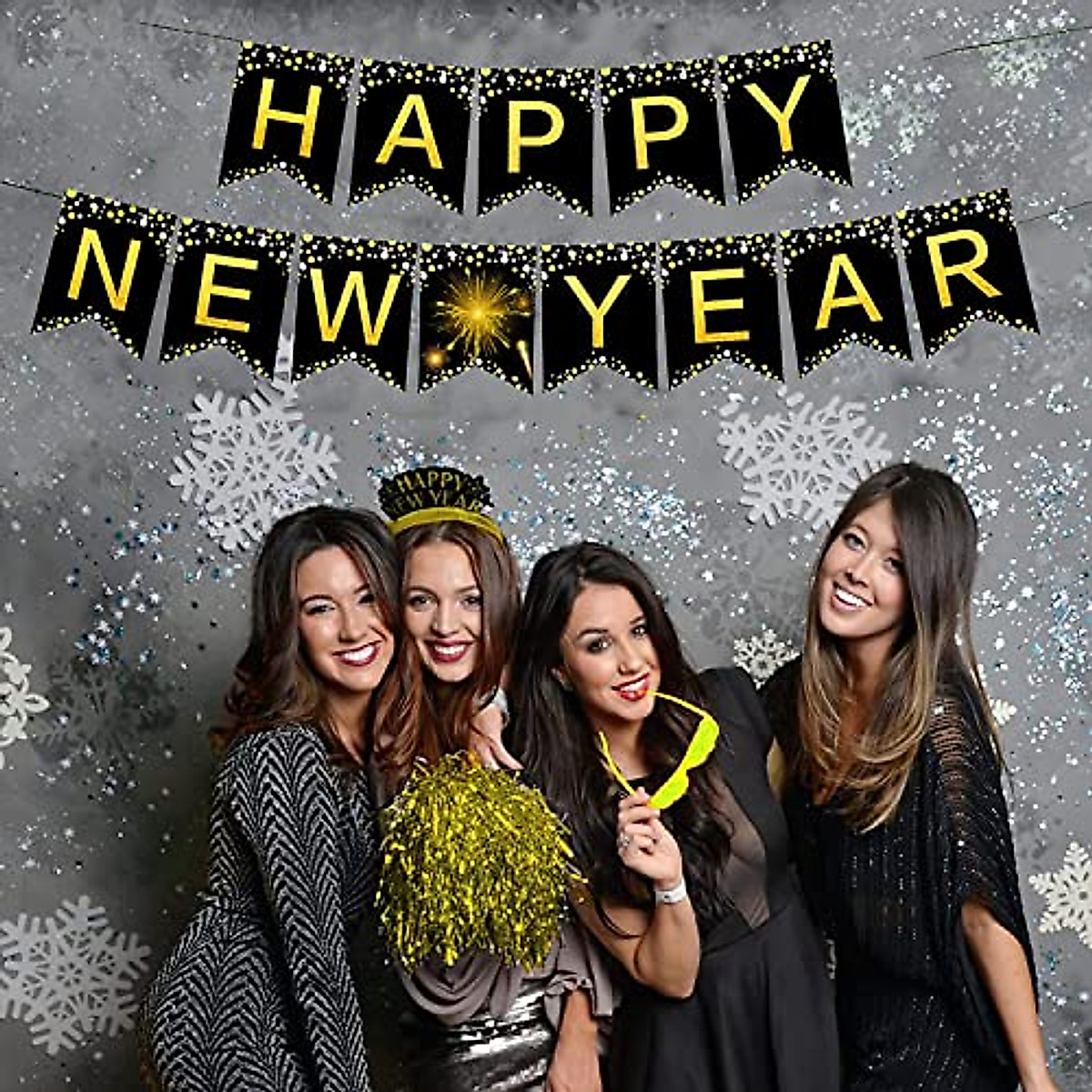 Famoby Black Happy New Year Banner New Year Hanging Bunting for Party Decorations Supplies