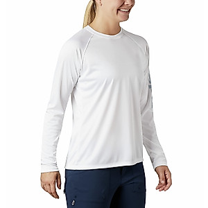 Columbia Women's Standard PFG Tidal Tee II Sun Protection Long Sleeve Shirt, White/Cirrus Grey Logo, Medium