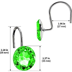 CHICTIE Green Shower Curtain Hooks Rings Diamond, Crystal Decorative Shower Curtain Hooks, Set of 12 Stainless Steel Rust-Proof Round Rhinestones Shower Rings Hangers for Bathroom
