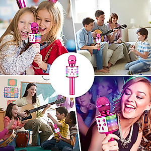 ShinePick Karaoke Microphone, 4 in 1 Wireless Microphone with LED Lights Handheld Portable Karaoke Machine, Home KTV Player, Compatible with Android & iOS Devices(Purple)