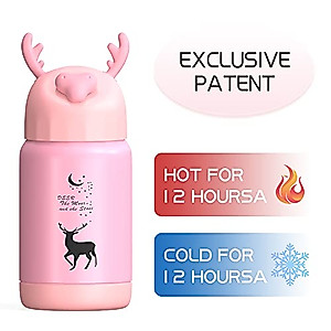 Kids Water Bottle-13 Oz Lunch Container Leak Proof Thermal Flask With Folding Spoon,Double Walled Thermos (Pink)