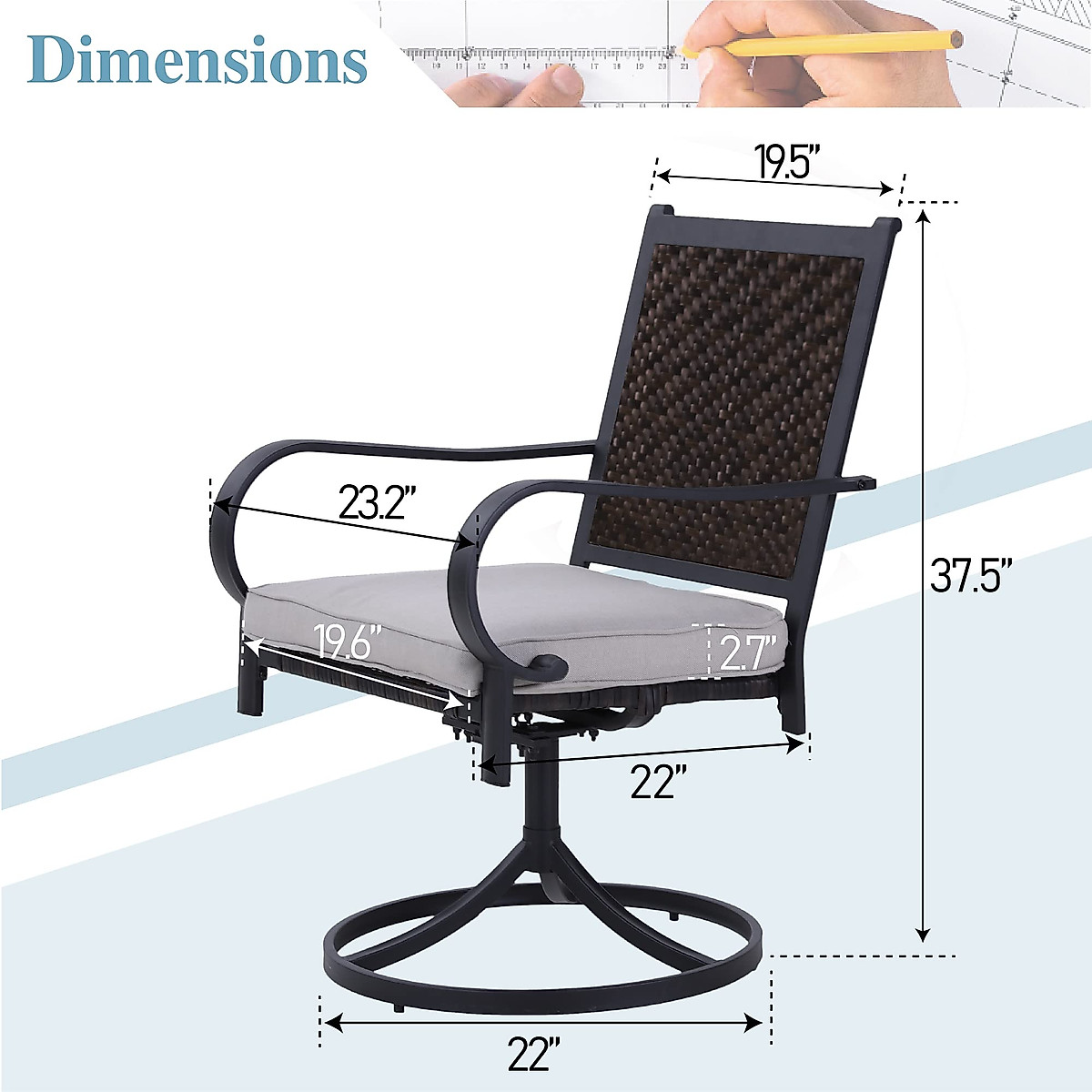 MFSTUDIO Patio Swivel Chair Sets of 2, Outdoor Wicker Dining Swivel Chairs Set of 2 with Beige Cushions, Armrests and Metal Frame, All-Weather, 350lbs. Brown