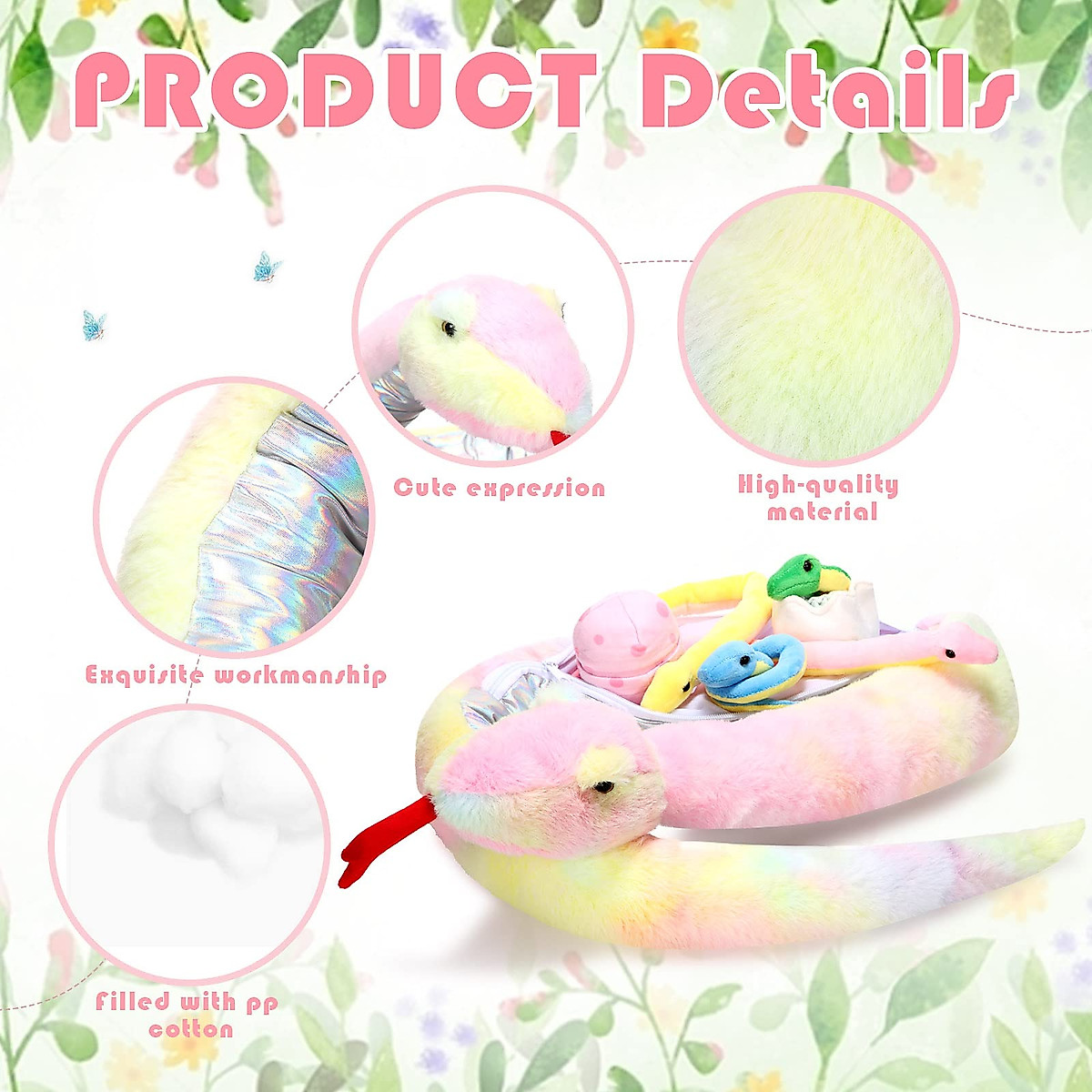 Leitee 7 Pcs Snake Plush Toy Set 63 Inch Large Snake Stuffed Animal Zipper Snake Toys with Cute Baby Snakes and Eggs in Mommy Snake's Belly for Valentine's Day Birthday(Cute Style)