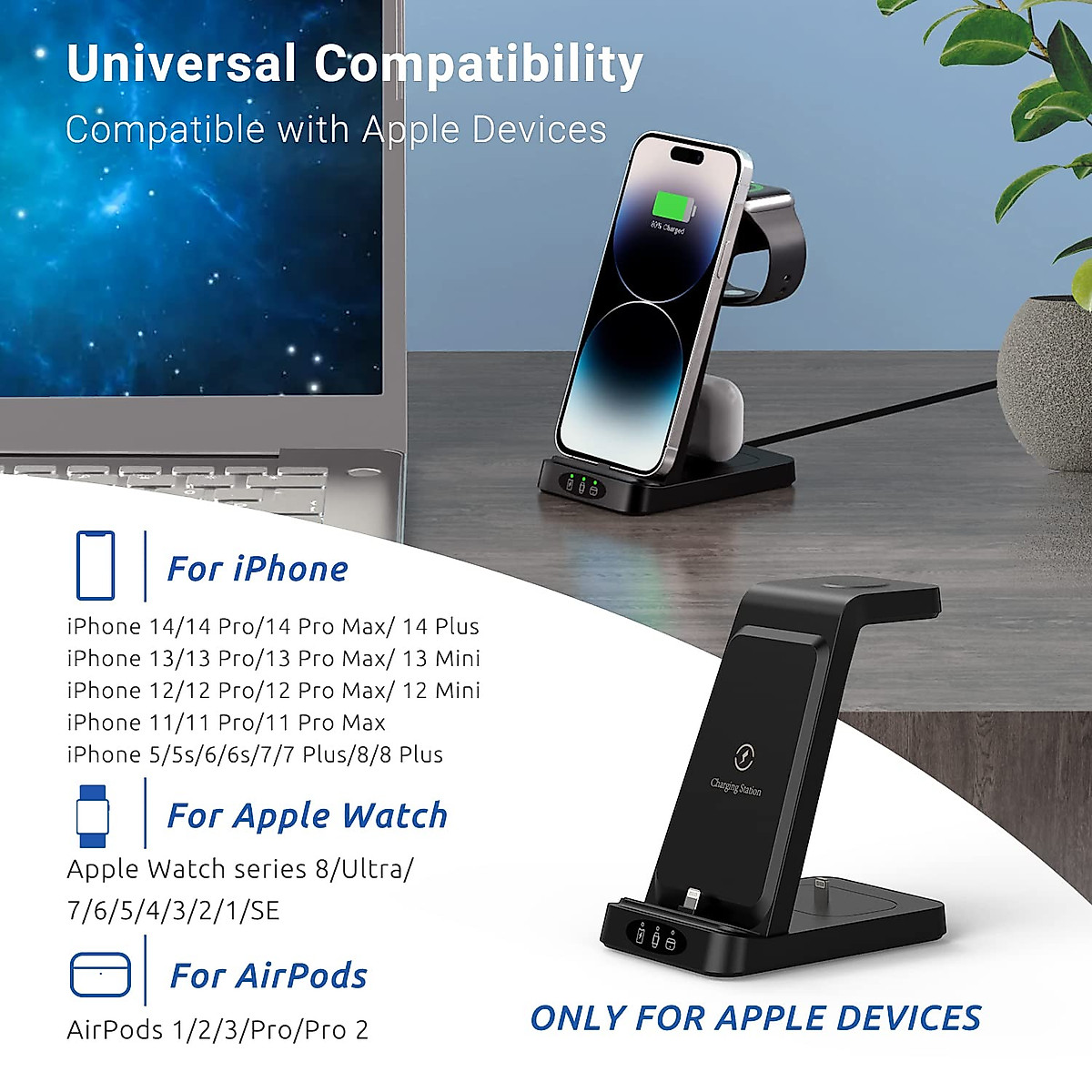 Charger Station for Apple Multiple Devices,3 in 1 Wireless Charging Station Dock Stand for Apple Watch 8 7 6 SE 5 4 3 2 iPhone Fast Charger for iPhone 14 13 12 11 Pro X XS 8 Plus & Airpods