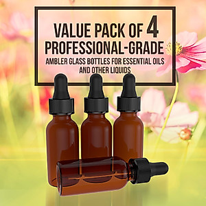 Nylea 4 Pack Essential Oil Bottles - Round Boston Empty Refillable Amber Bottle with Glass Dropper [ Free Stainless Steel Funnel ] for Liquid Aromatherapy Fragrance Lot - (1/3 oz) 10ml