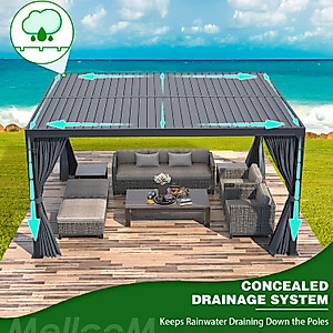 MELLCOM 10x12ft Louvered Pergola with Curtains and Nets, Aluminum Pergola with Adjustable Rainproof Roof, Outdoor Hardtop Pergola for Patio, Backyard, Deck, Dark Gray