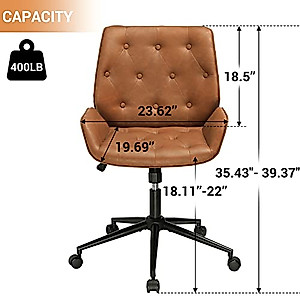 DICTAC Leather Office Chair Brown Wide Desk Chair, Mid Century Armless Home Office Chair with 40° tiltable backrest, Capicity 400lbs