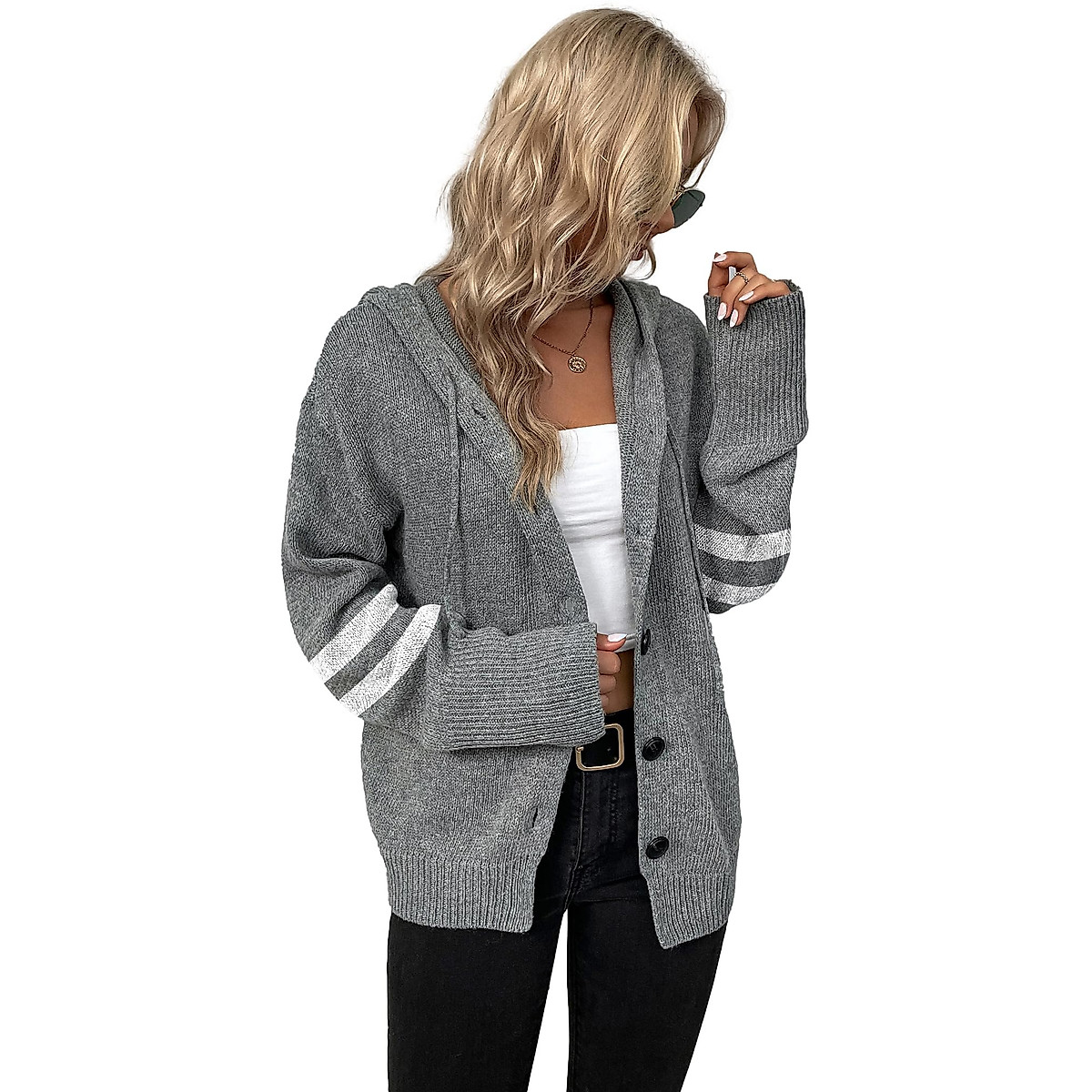 Women's Casual Cardigan V Neck Button Down Hooded Sweaters Long Sleeve Hoodies Outfits