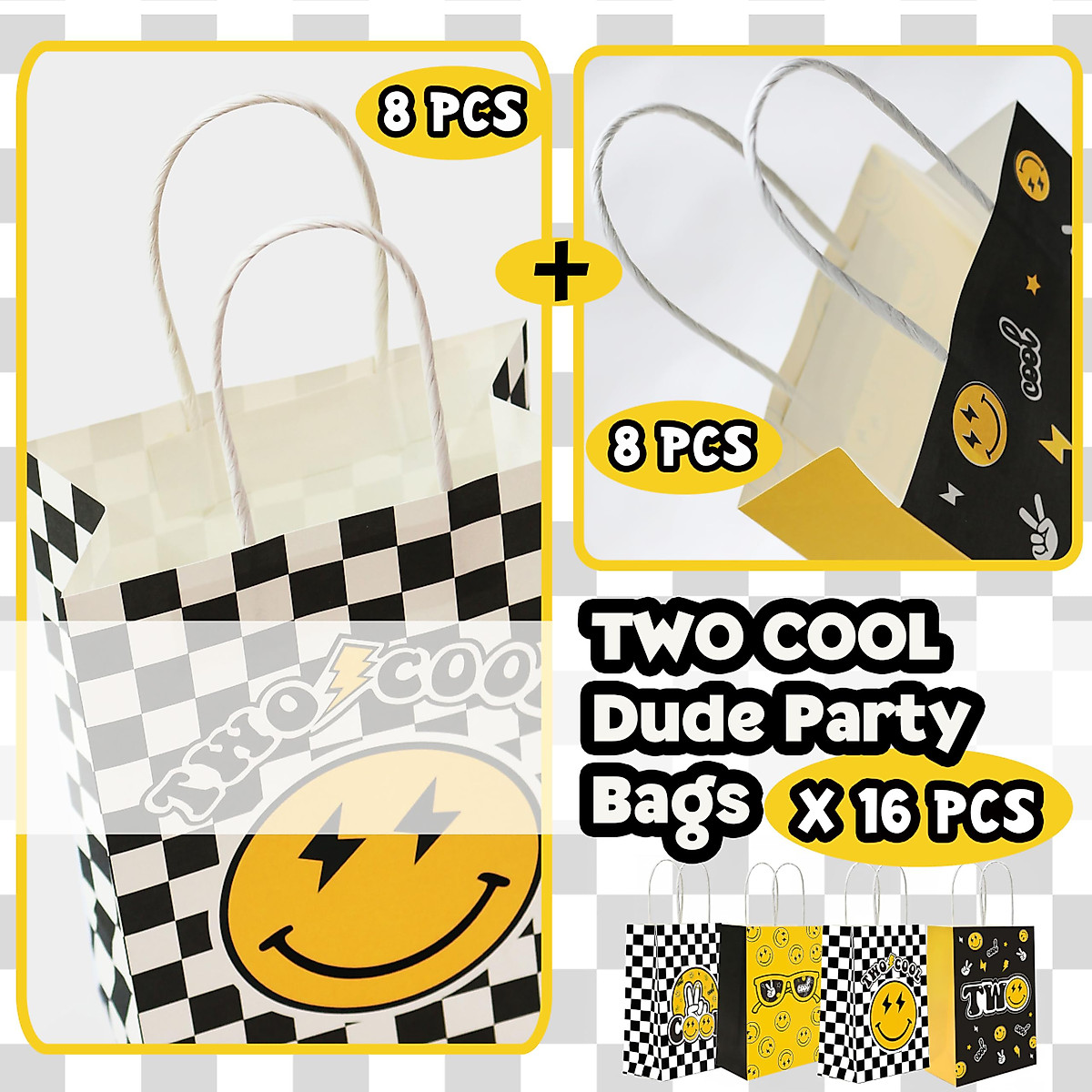 WCOSAM Two Cool Dude Smile-Themed Party Favor Gift Bags, Two Cool Second Birthday Party Goodie Paper Bags for Yellow Black Lightening Checkered Theme Party Decor (16 PCS)