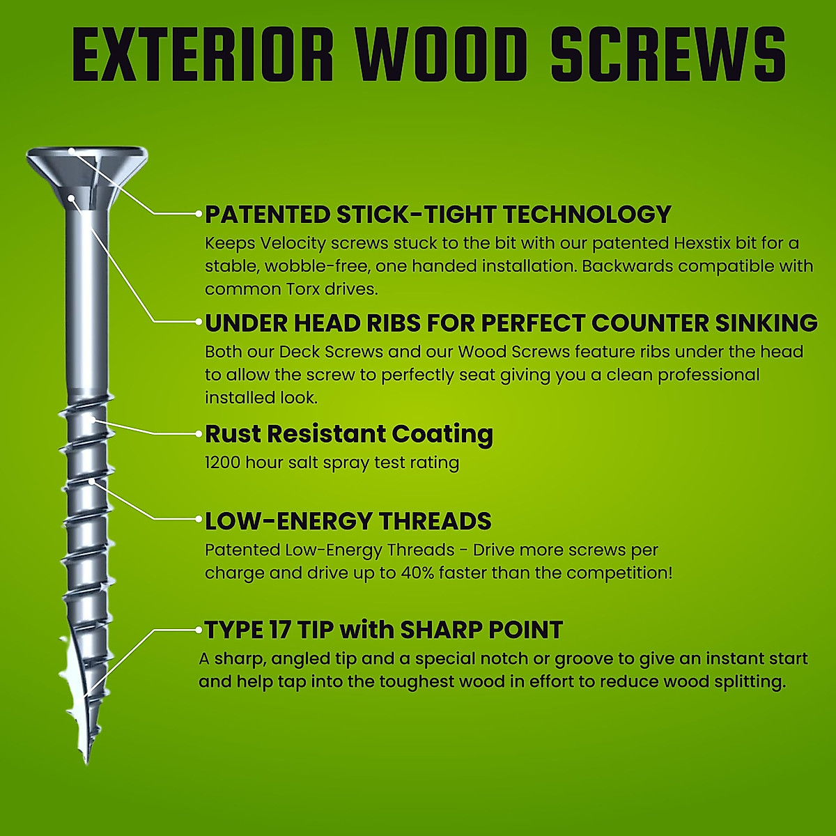 Velocity Long Length Exterior 7 Inch Wood Screws - T25 Torx Bits (Size #12) – Rust Resistant Long Wood Screw Set with Stick Tight Hexstix Driver Bit, (25 Count)