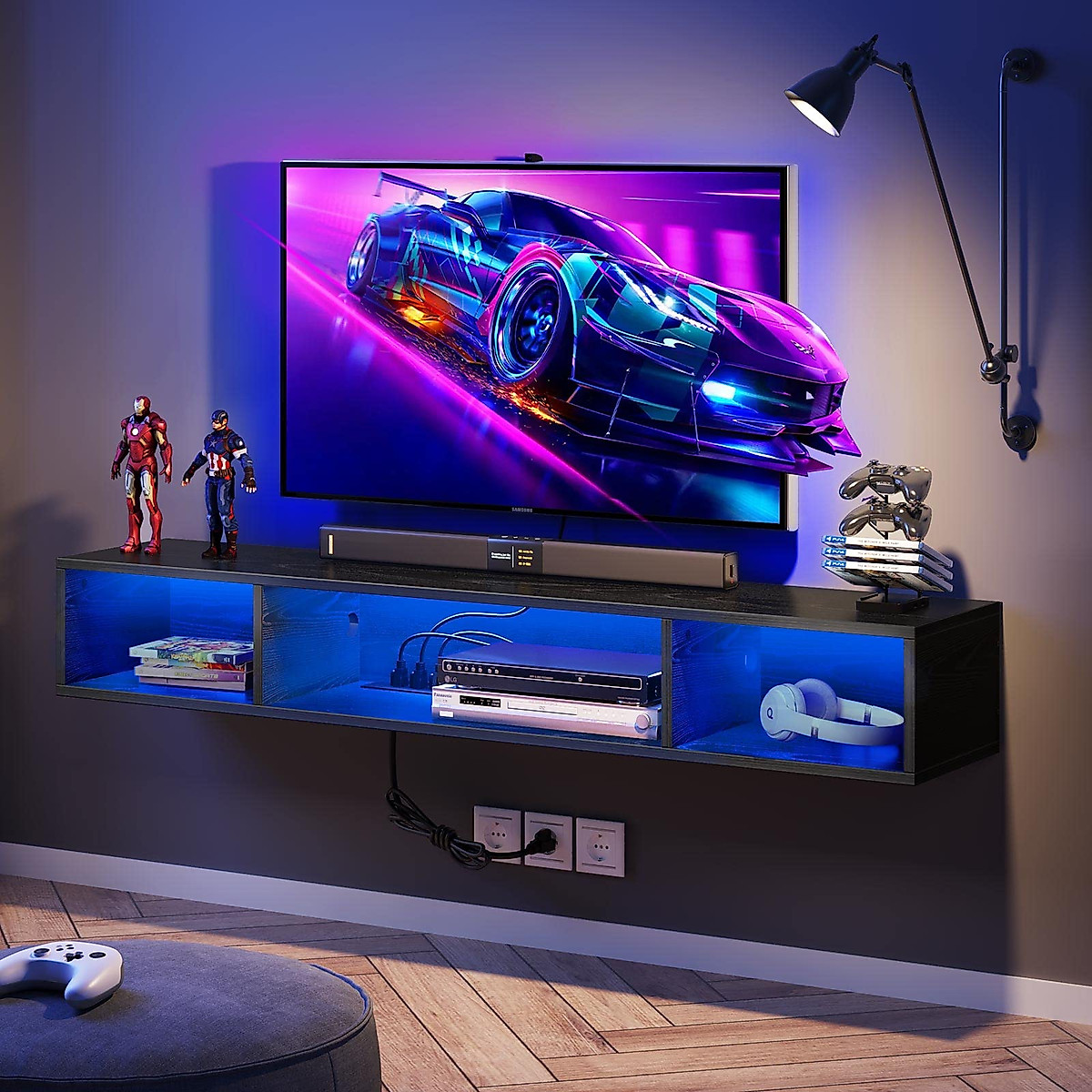 Rolanstar TV Stand with Power Outlet, Floating TV Stand with RGB Lights, 55.1" Wall Mounted TV Shelf, Black Media Console with Storage Shelf, Entertainment Shelf Under TV for Living Room, Bedroom