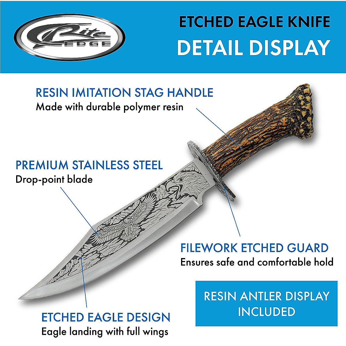 Szco Supplies 11.5” Decorative Eagle Etched Blade Outdoor Hunting Knife with Display Relief Art/Printed Antler Stand