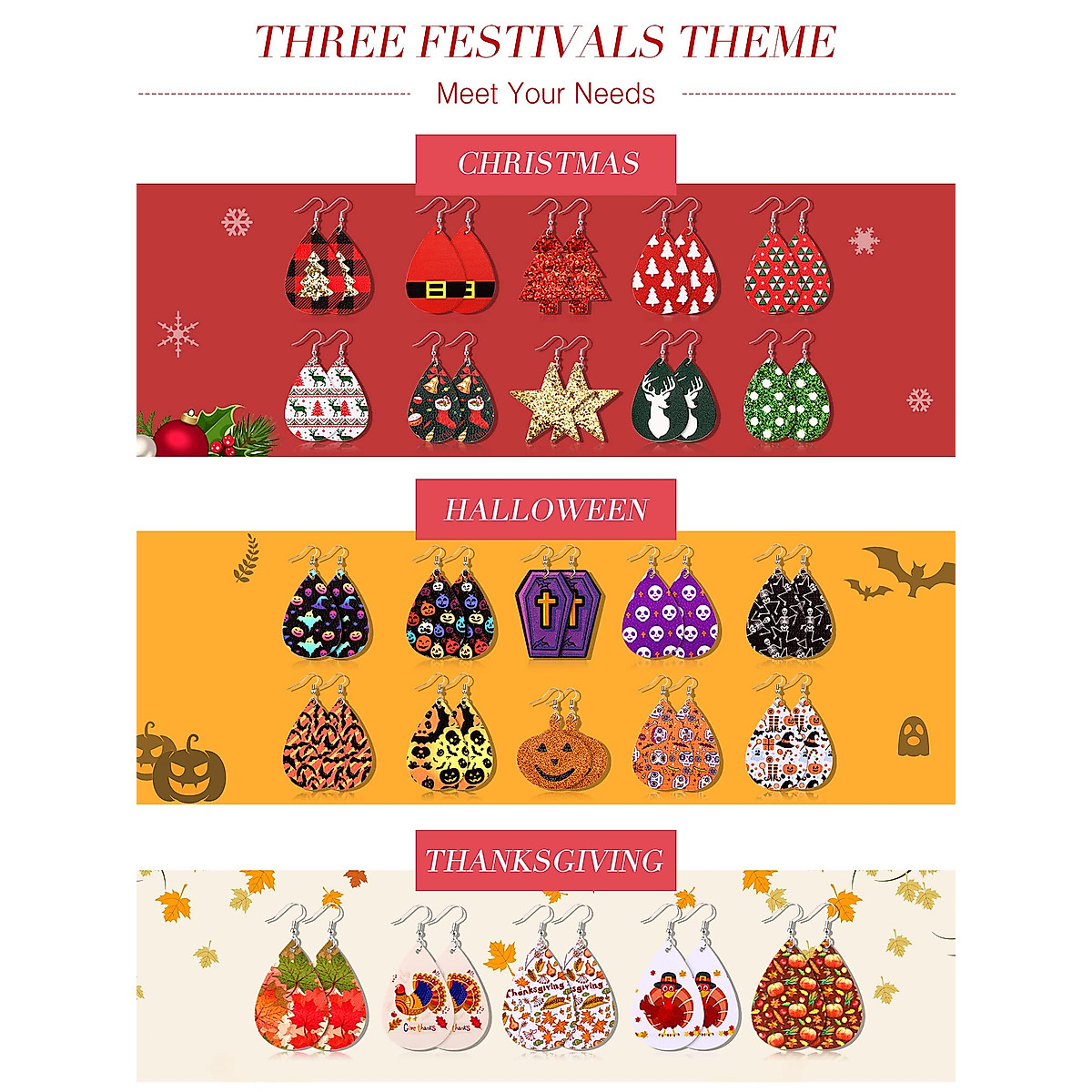 Hicarer 25 Pairs Christmas Faux Leather Earrings Halloween Thanksgiving Holiday Fall Leather Teardrop Dangle Earrings for Women