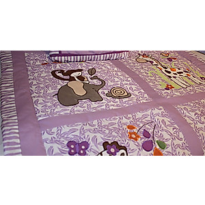 BabyFad Jungle Girl Purple with Elephant, Giraffe, Zebra and Turtle with Musical Mobile 9 Piece Baby Crib Bedding Set 100% Cotton