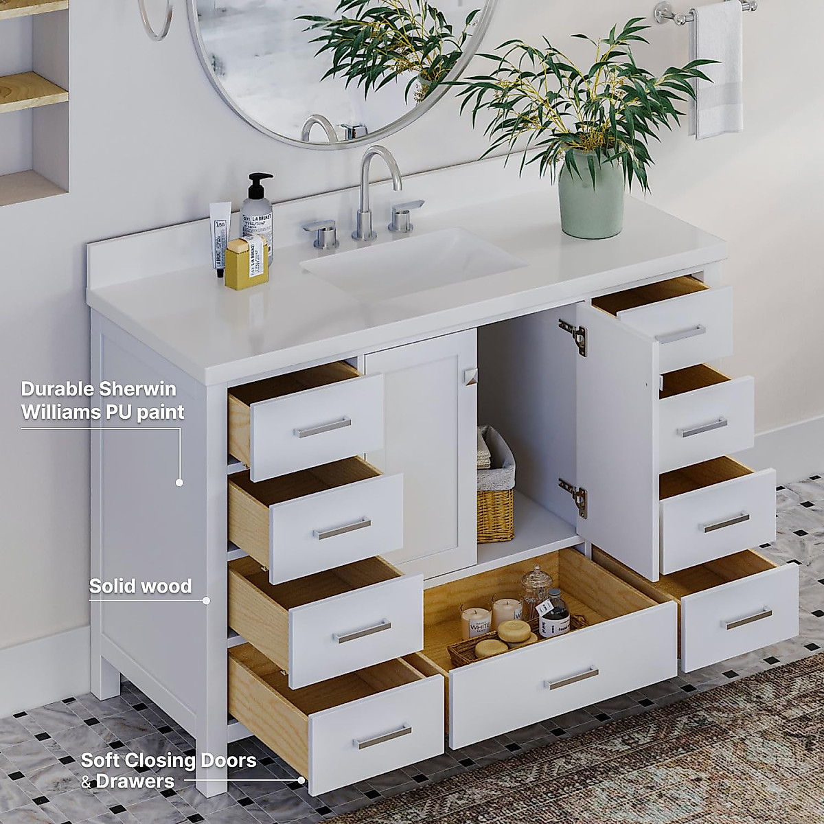 ARIEL Cambridge 55" White Bathroom Vanity with Sink, 1.5" Edge Pure White Quartz Countertop & Backsplash, Center Rectangular Sink, 2 Soft Closing Doors, 9 Full Extension Dovetail Drawers