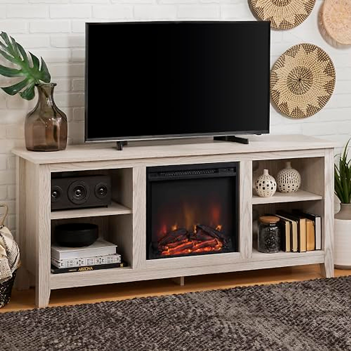 Walker Edison Wren Classic White Wash TV Console for 65 + Inch Television Fireplace Entertainment Center, 58 Inch