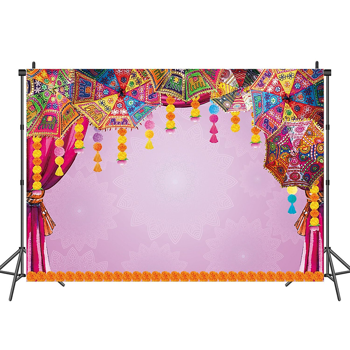 Indian Traditional Backdrop 7x5FT Purple Curtain Boho Flowers Umbrella Background for Wedding Birthday Bridal Shower Party Decoration Couples Trip Photo Booth Props