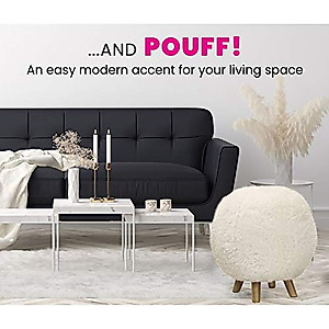 Critter Sitters 19-In. Seat Height Plush White Pouf Ottoman with 4 Spindle Legs, Round Ottoman for Nursery, Bedroom, Vanity, Playroom, and Living Room Decor, Soft and Comfortable Pouf Chair