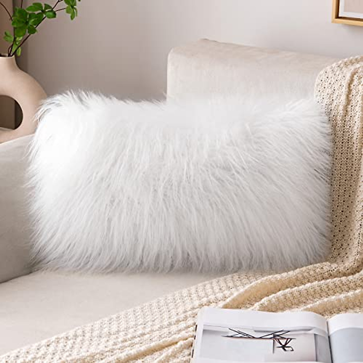 MIULEE Decorative New Luxury Series Style White Faux Fur Throw Pillow Case Cushion Cover for Sofa Bedroom Car 12 x 20 Inch 30 x 50 Cm